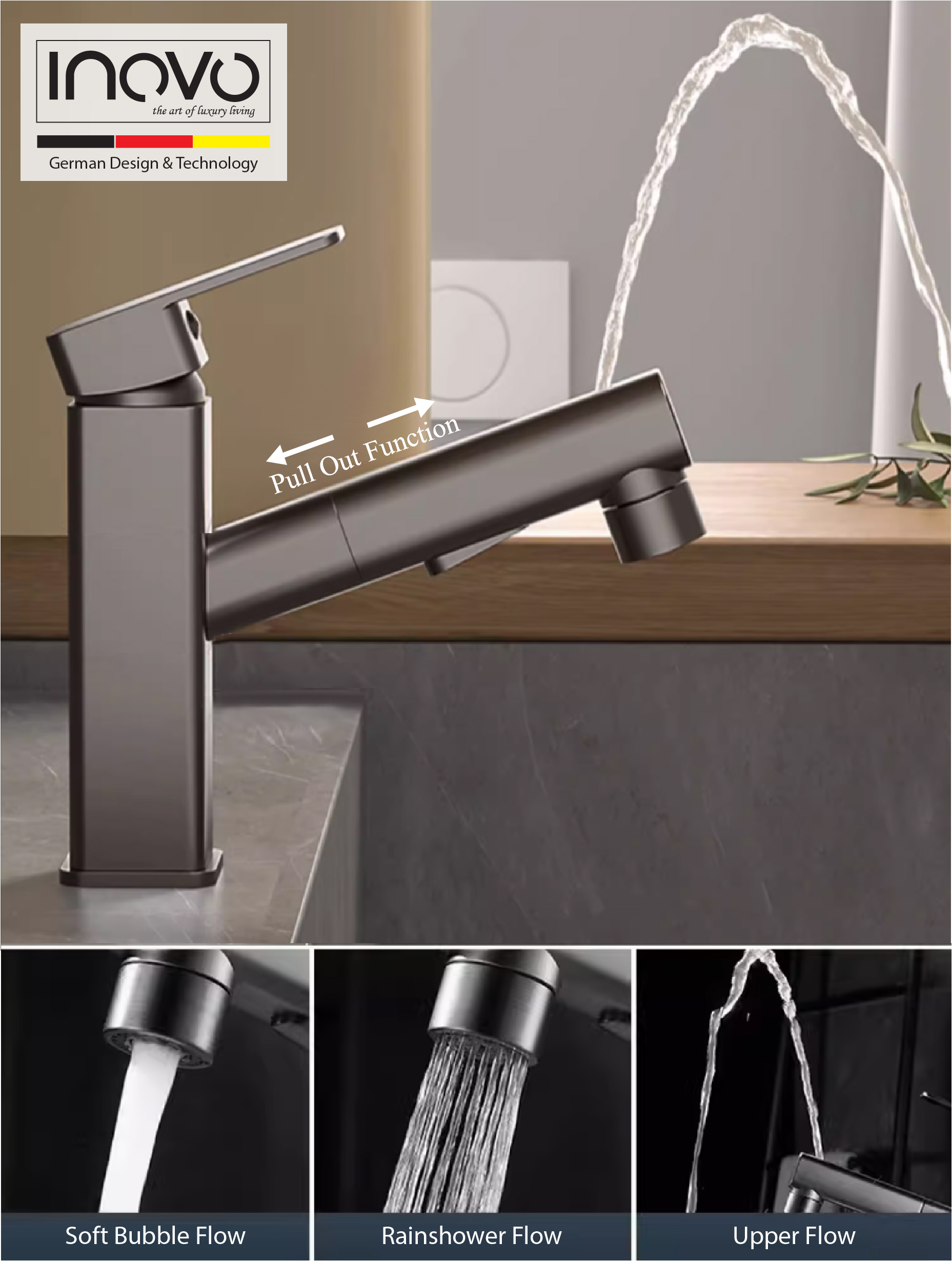 INOVO® Estela Pull-Out Retractable Mixer Basin Tap in Sliver- PUB WELS ...