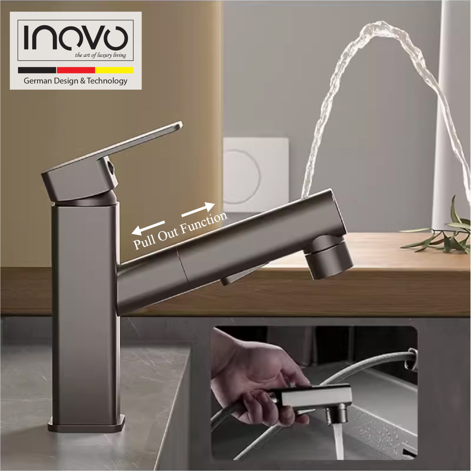 INOVO® Estela Pull-Out Retractable Mixer Basin Tap in Sliver- PUB WELS ...