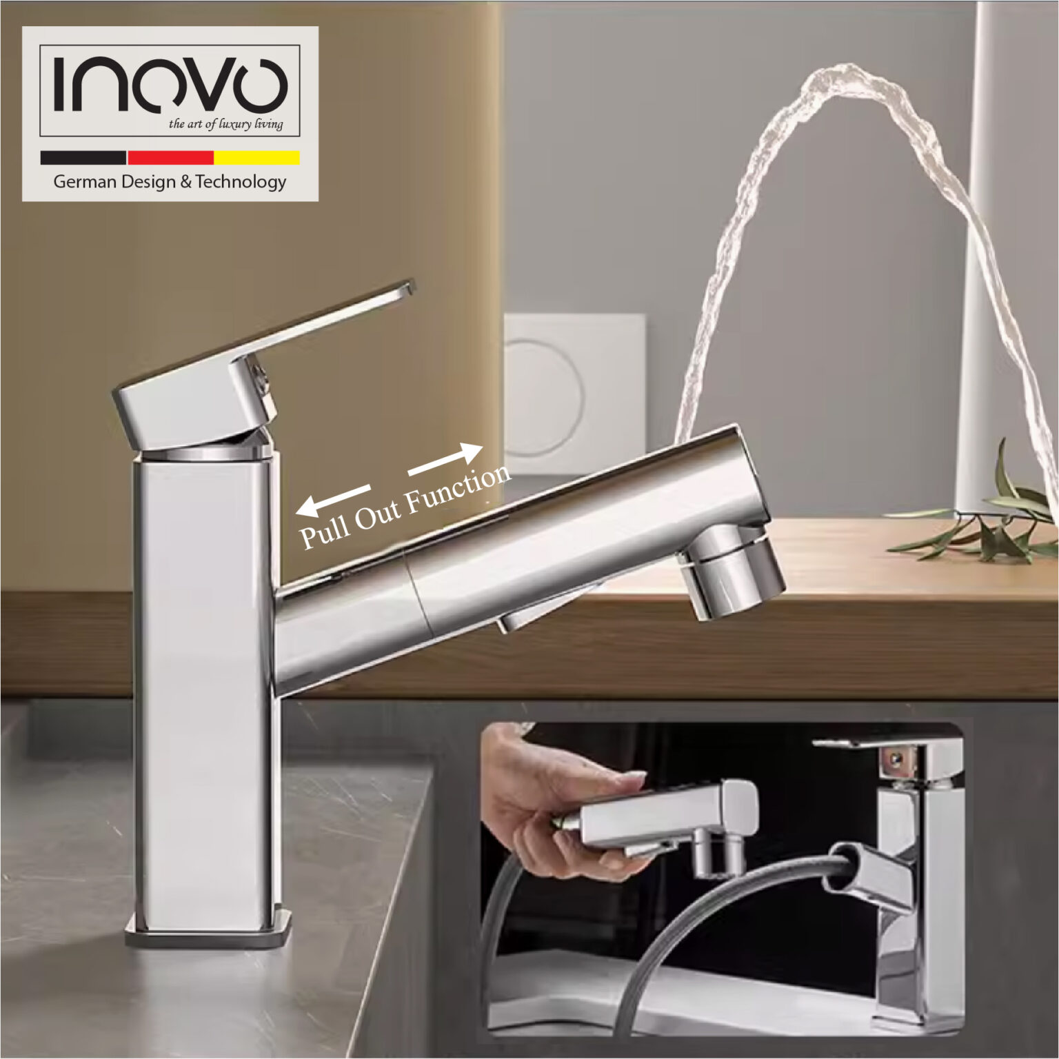 INOVO® Estela Pull-Out Retractable Mixer Basin Tap in Sliver- PUB WELS ...