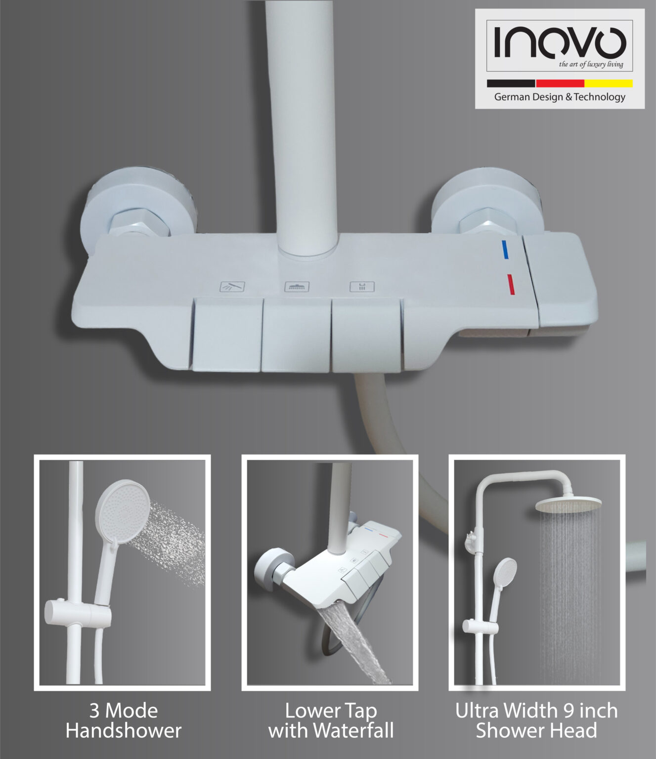 INOVO® Ońyx Piano Design Rain Shower Column Set in Matt White- PUB WELS ...